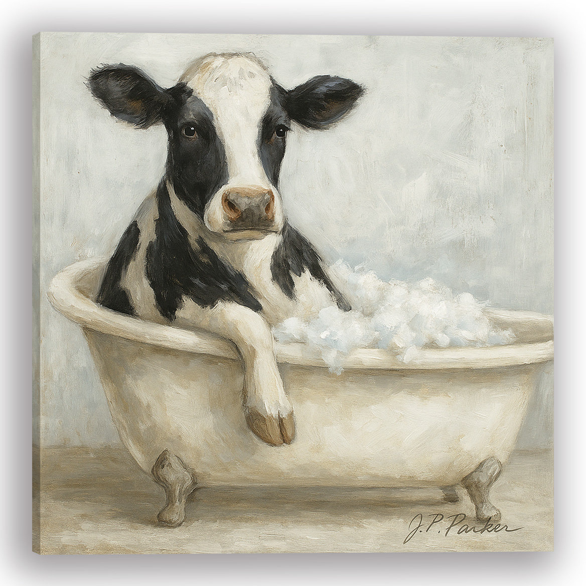Trinx "Cow Pause – Tub Time Sass" Wrapped Canvas Print | Wayfair